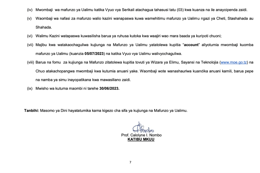 Maombi ya vyuo vya ualimu ngazi ya cheti 2023/2024 - assengaonline.com