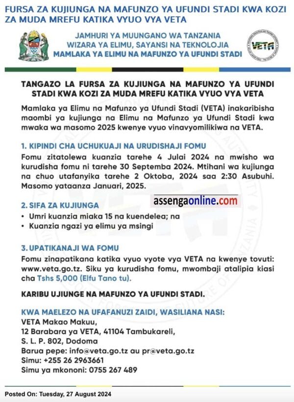 Maombi ya Kujiunga na VETA 2024/2025 - OPPORTUNITIES TO JOIN VOCATIONAL ...